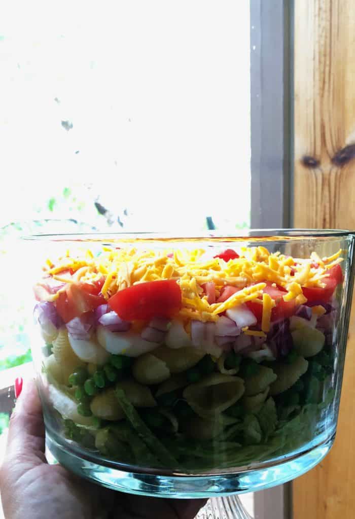 Layered Bacon Pea Salad Recipe - Reluctant Entertainer