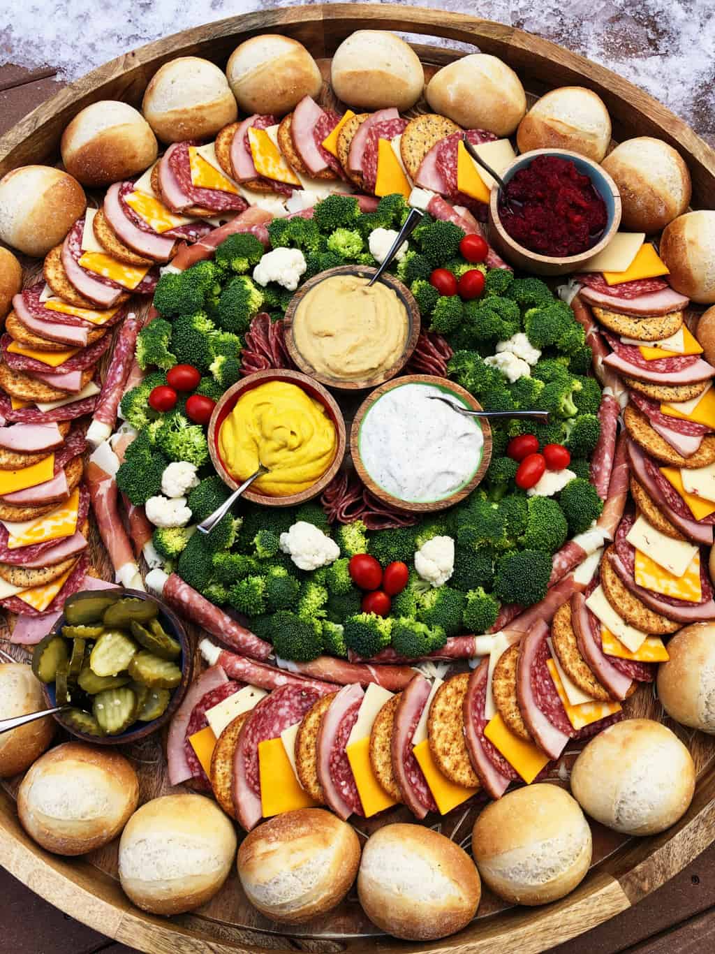 Party Ham Rolls Charcuterie Board - Reluctant Entertainer