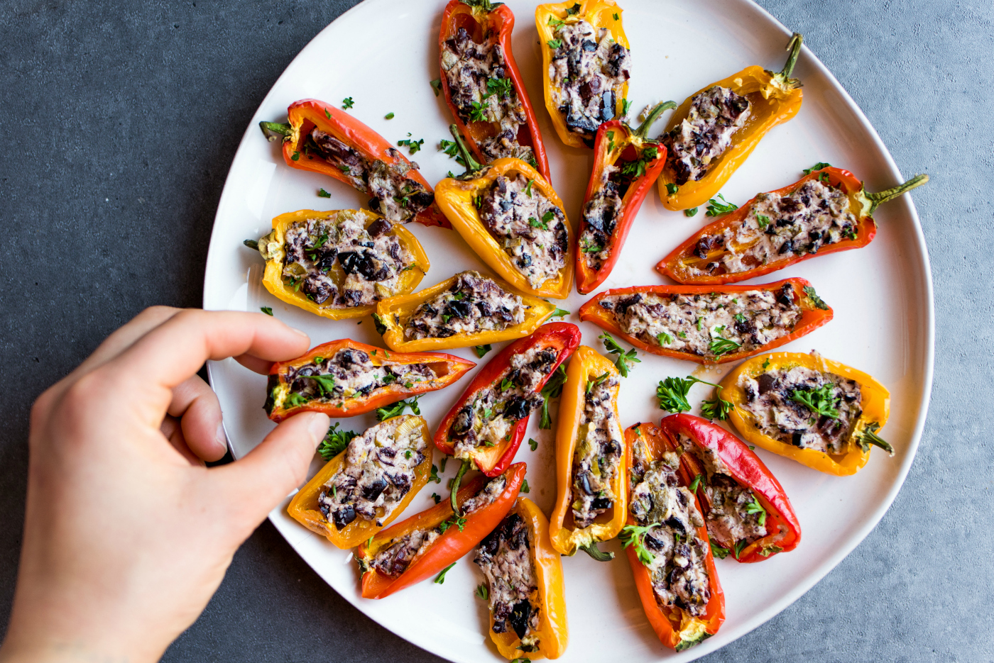 Stuffed Mini Bell Peppers with Olives - Reluctant Entertainer