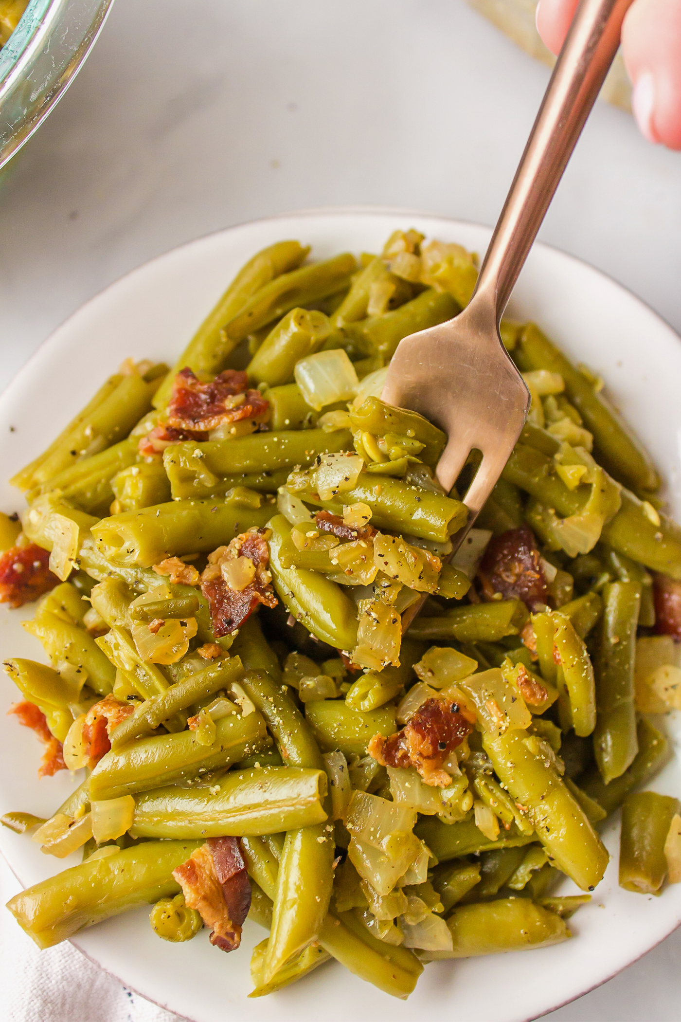 Green Beans with Bacon and Onions - Reluctant Entertainer