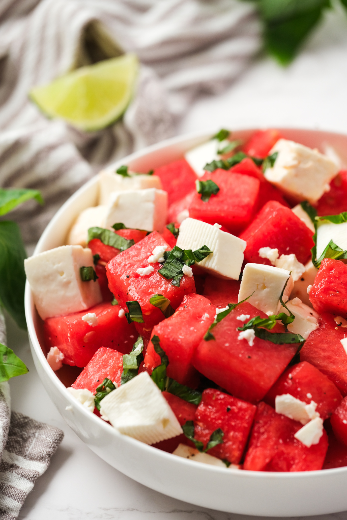Watermelon Basil Salad with Feta - Reluctant Entertainer