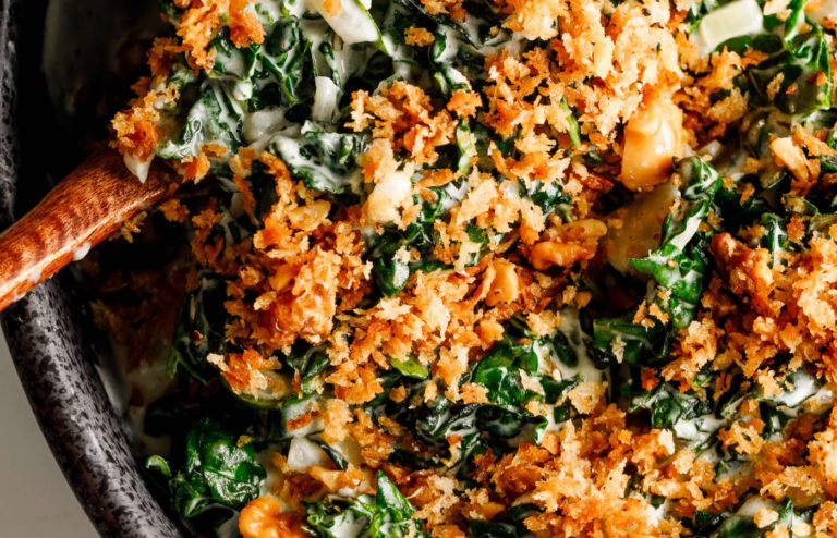 Creamed Kale with Walnut Panko Topping - Reluctant Entertainer