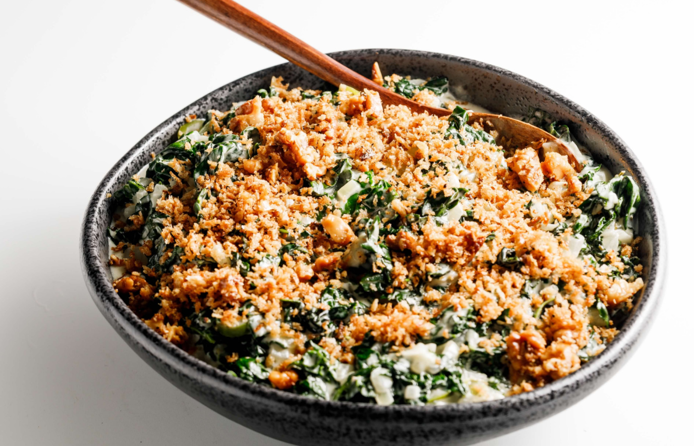 Creamed Kale with Walnut Panko Topping - Reluctant Entertainer