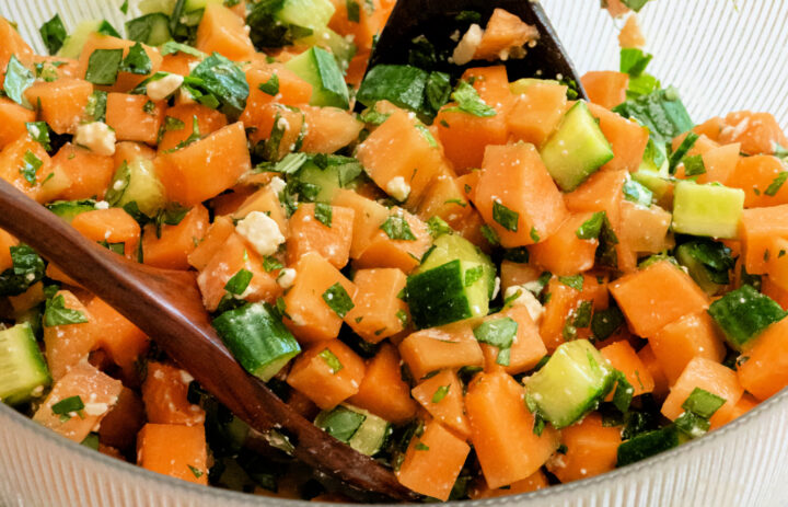 Cucumber Melon Salad with Honey-Lime Dressing - Reluctant Entertainer